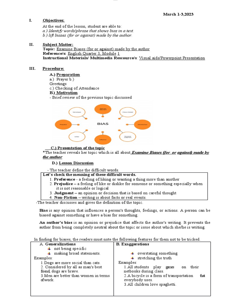 Lesson Plan in English 8 For 2ND Class Observation S | PDF | Bias ...