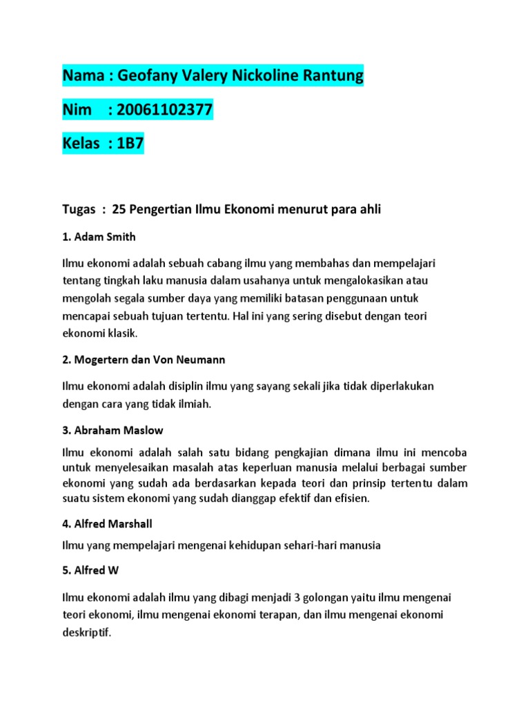 Tugas-25 Pengertian Ekonomi Menurut para Ahli (Geofany Rantung) | PDF