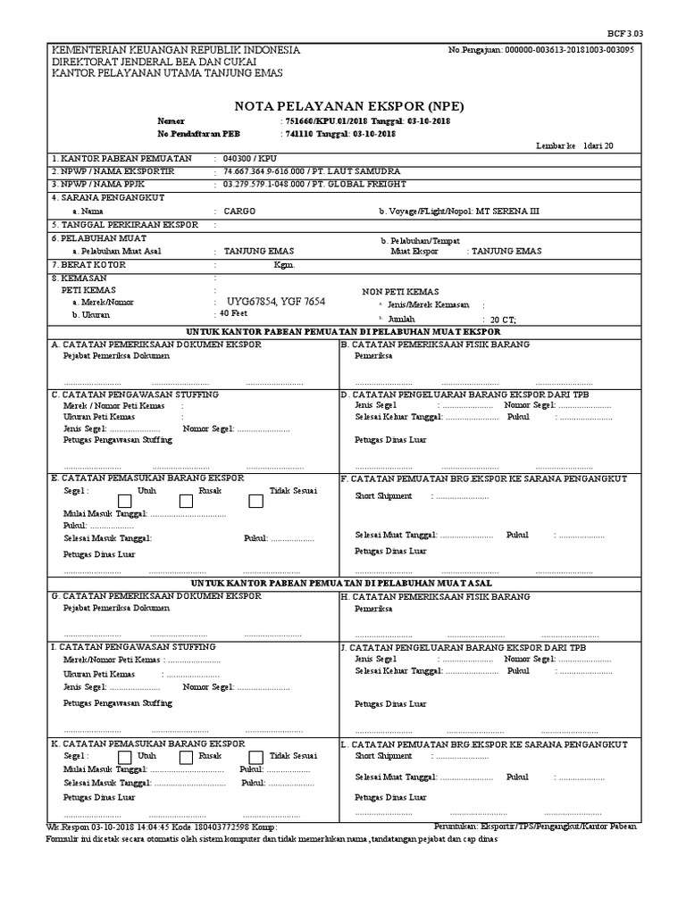 Nota Pelayanan Ekspor (Npe) | PDF