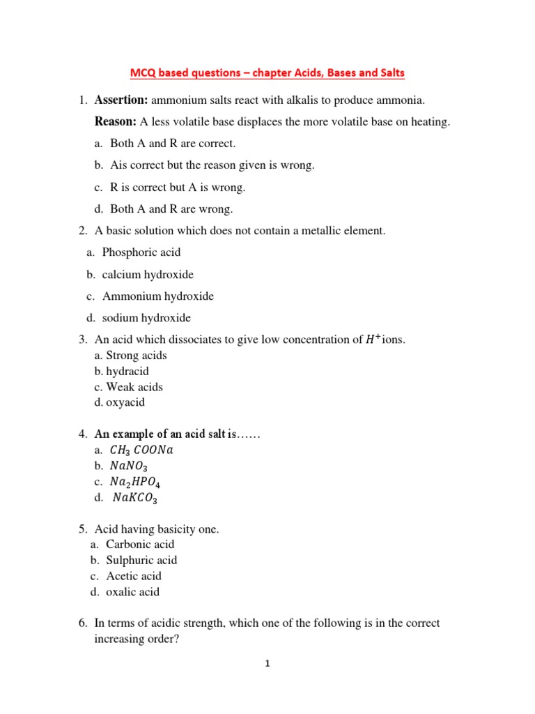 MCQ Based Questions Grade 10 - Acids, Bases and Salts | PDF | Acid ...