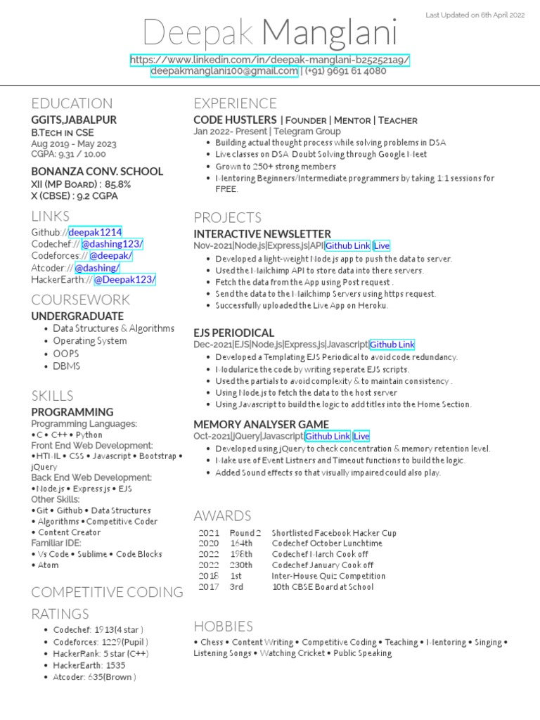 Deepak Manglani Resume PDF | PDF | J Query | Computer Programming