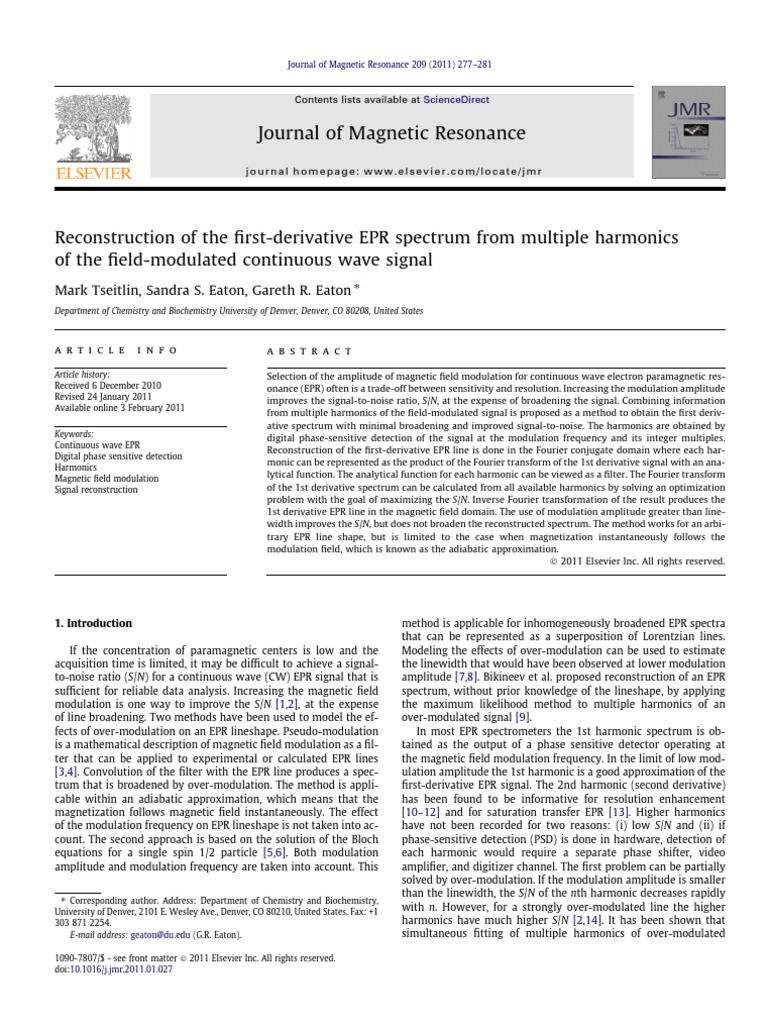 2011 - JMR - Art - From First Harmonic To First Derivative | PDF | Electron Paramagnetic ...