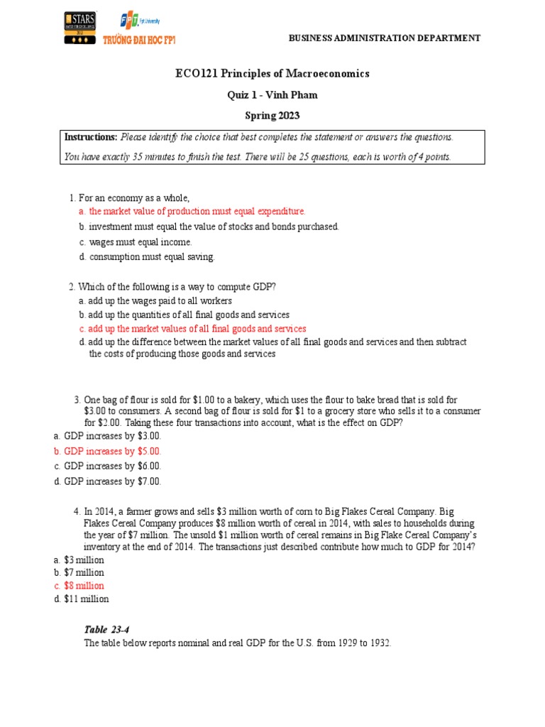 GDP Calculation Quiz for Macroeconomics | PDF | Unemployment | Gross ...