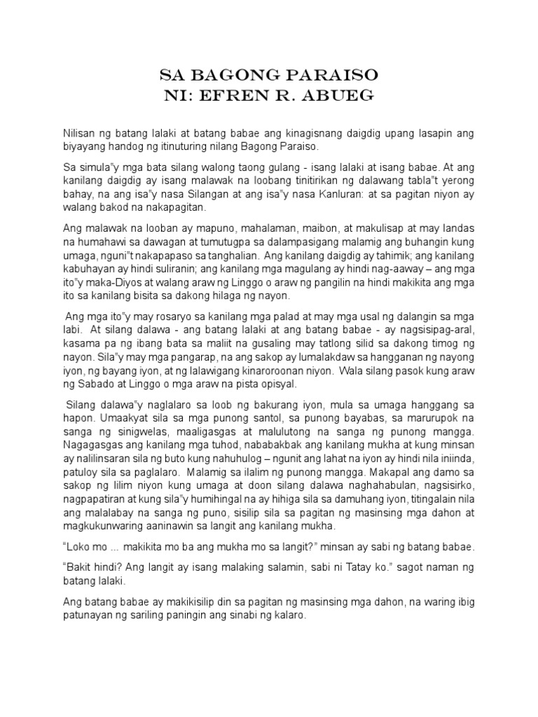 Buong Kwento Sa Bagong Paraiso Maikling Kwento | PDF