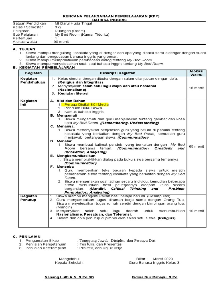 RPP 1 Lembar B Inggris Kelas 3 Materi My Bed Room Fiks | PDF