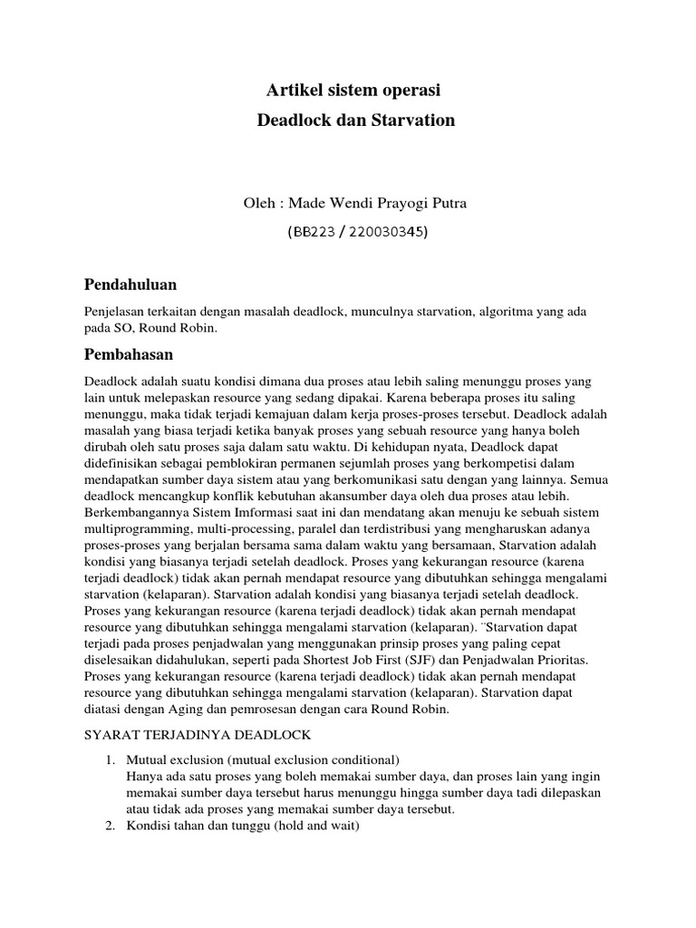 Deadlock Dan Starvation PDF | PDF
