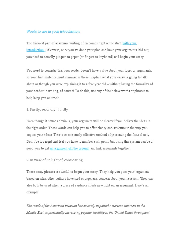 Words To Use in Your Introduction | PDF | Essays | Argument