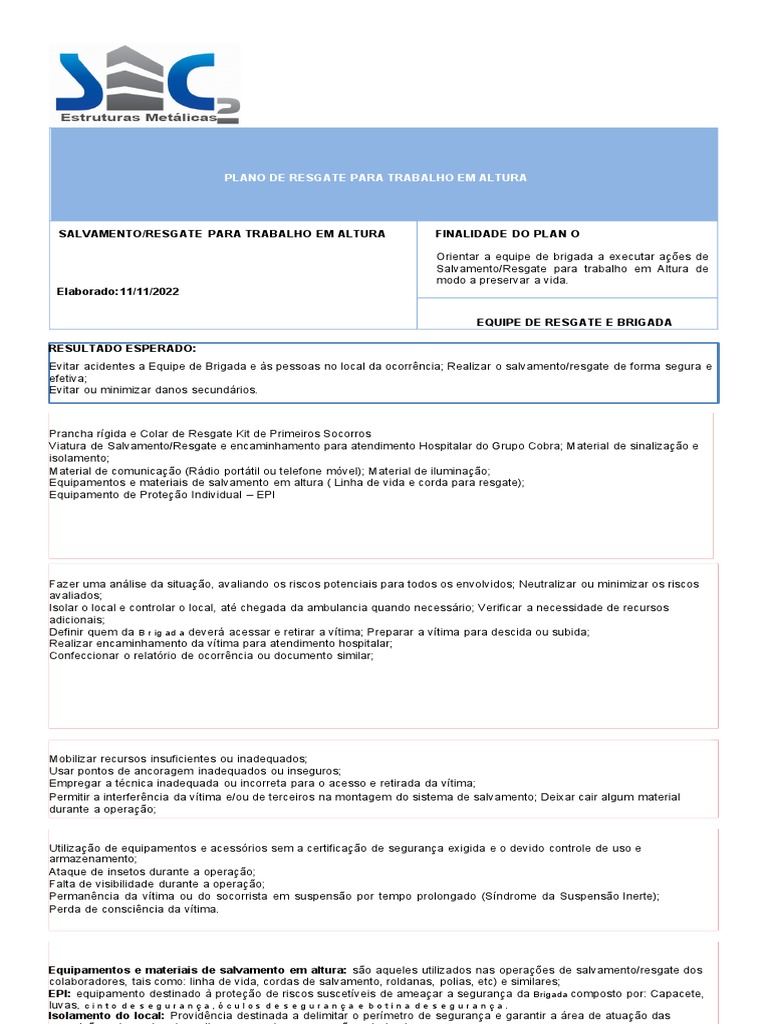 Plano+de+Resgate+Trabalho+em+Altura Abcdpdf PDF para Word | PDF | Resgate | Primeiros socorros