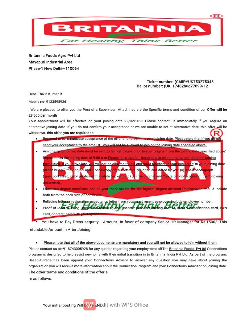 Britannia Offer Letter (4887) | PDF