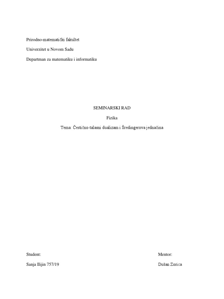 Seminarski Rad Čestično - Talasni Dualizam Fizika | PDF