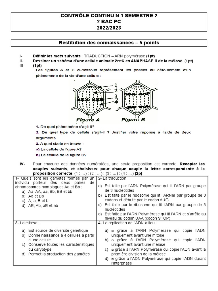 Contrôle Continu 1 Bac PC 2022/2023 | PDF | Acide ribonucléique ...