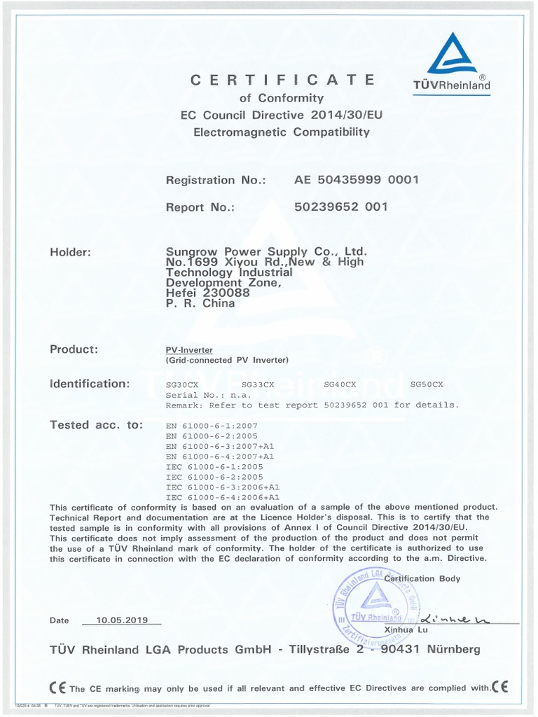 5 - SG (33-50) CX Premium V112 EN SUNGROW SG33-50CX CE EMC Certificate ...