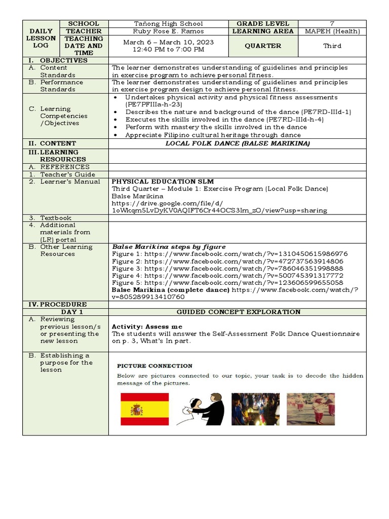 DLL Q3 W4 Pe M1 Folk Dance Balse | PDF | Learning | Dances