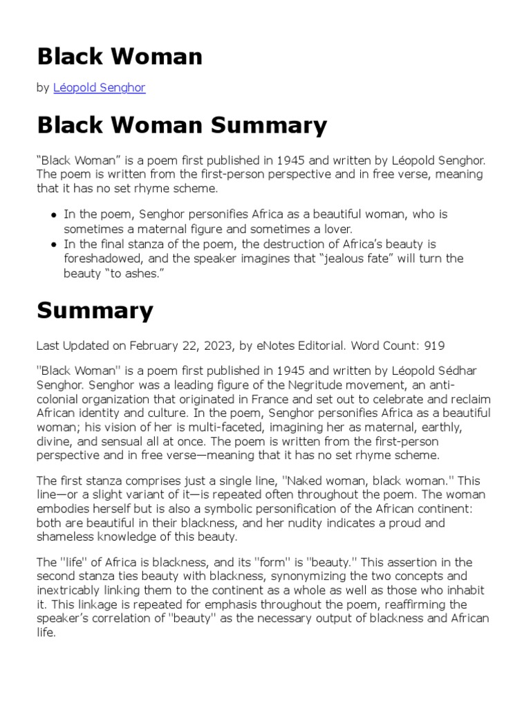 Analysis of Senghor's "Black Woman" Poem | PDF | Poetry