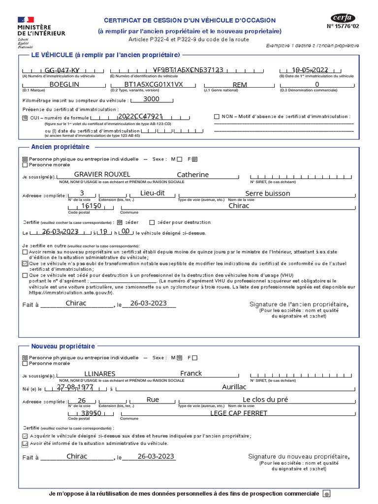 Certificat de Cession Cerfa N 15776 02 PDF | PDF | Transport | Véhicules