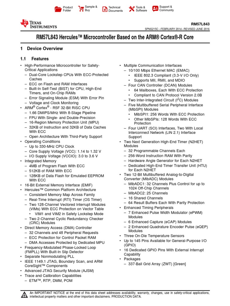 RM57L843 Hercules™ Microcontroller Based On The ARM® Cortex®-R Core | PDF | Microcontroller ...