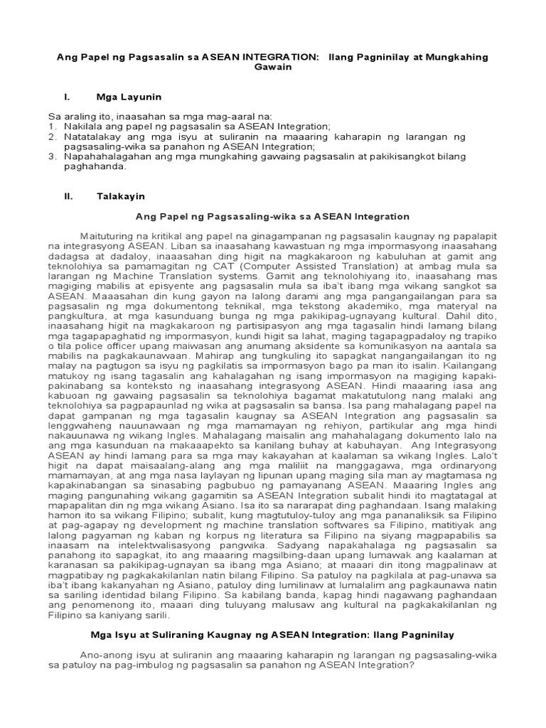 Ang Papel NG Pagsasalin Sa ASEAN INTEGRATION | PDF