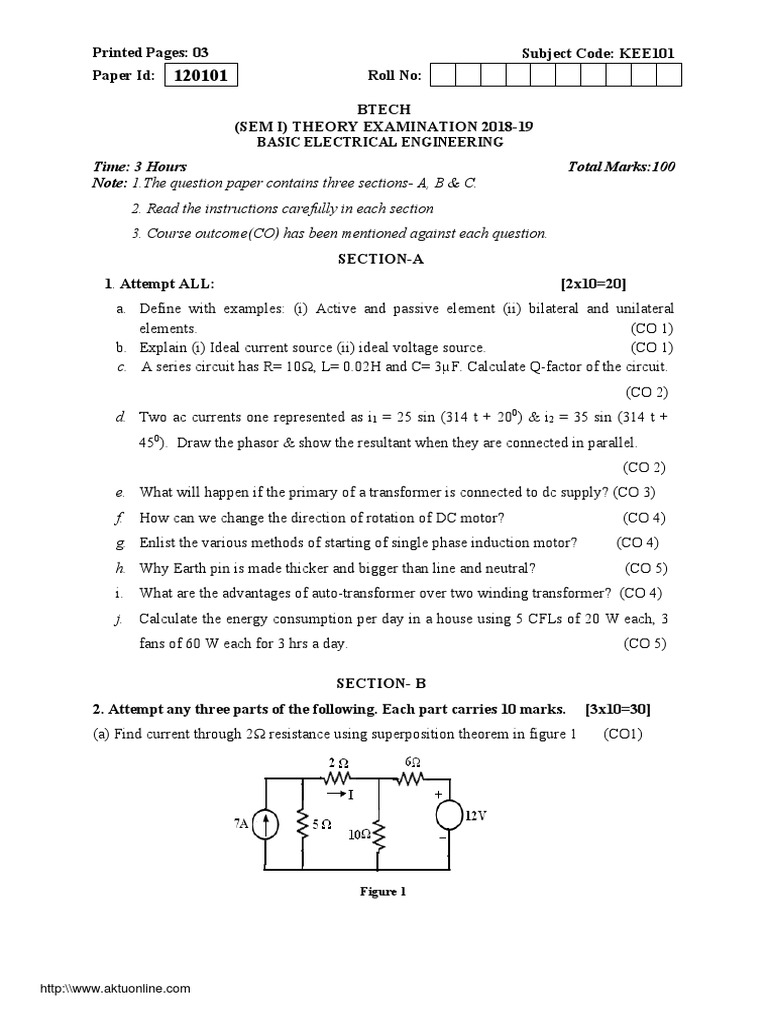 Btech 1 Sem Basic Electrical Engineering Kee 101 2018 19 | PDF ...