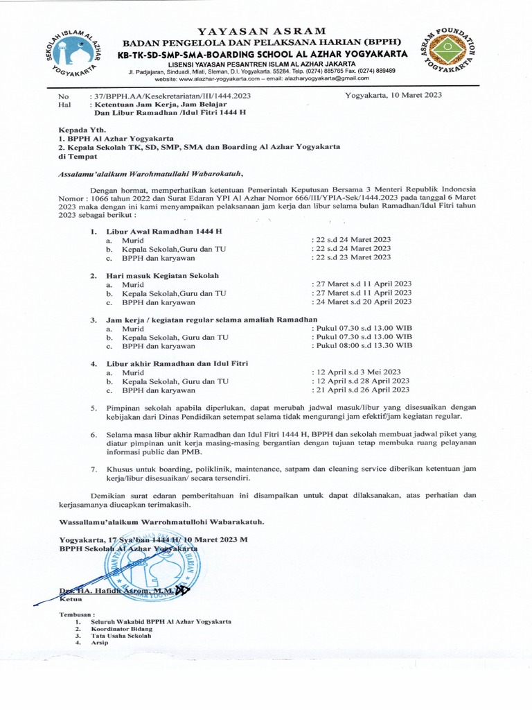 Surat Edaran Libur Ramadhan Dan Idul Fitri 1444 H | PDF