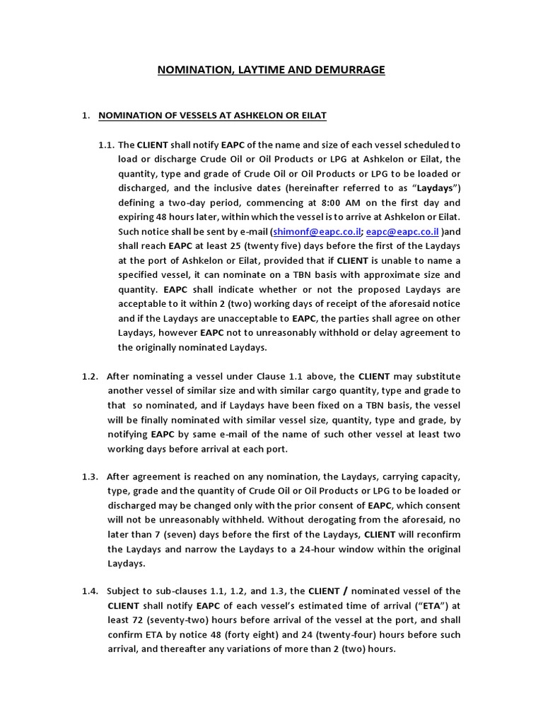 Nomination Laytime Demurrage EAPC Oil Ports PDF | PDF
