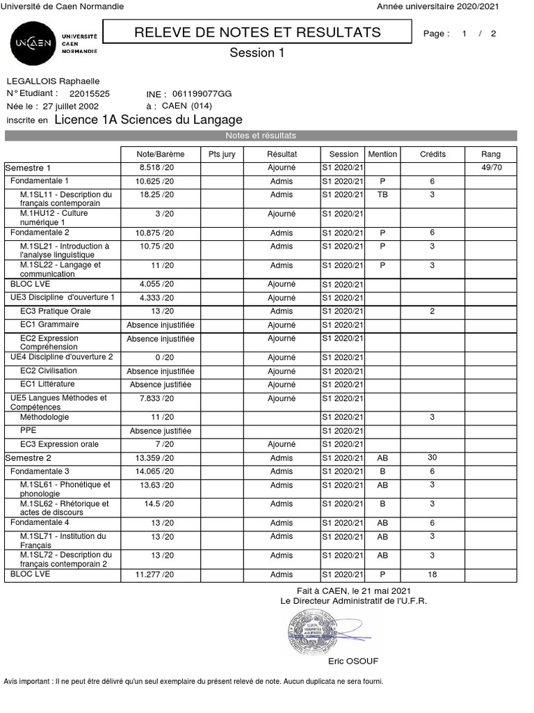 Relevé de Notes Et Résultats Licence Sciences Du Langage | Download ...