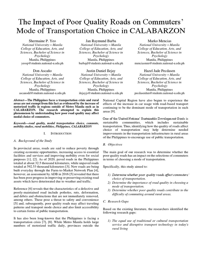 The Effect of Poor Road Quality On Commuters' Mode of Transportation ...