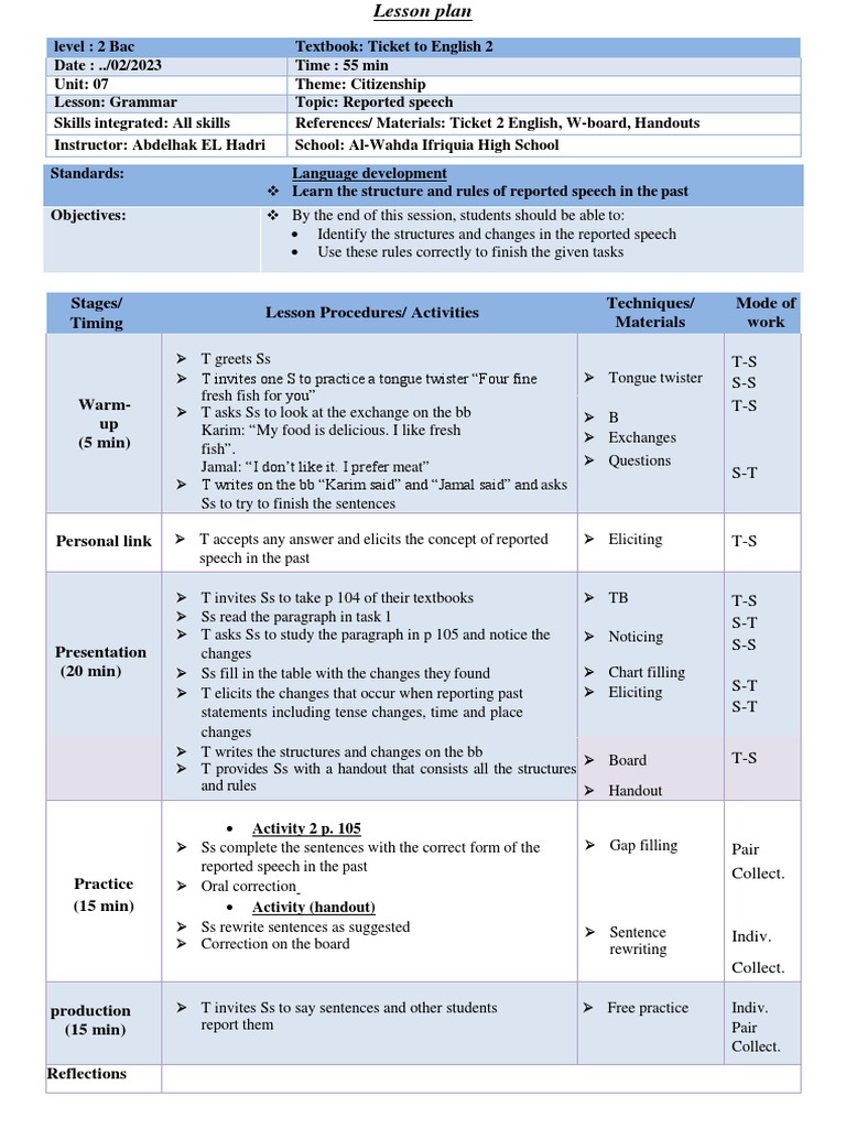 Reported Speech Lesson Plan 2 Bac | PDF | Cognitive Psychology ...