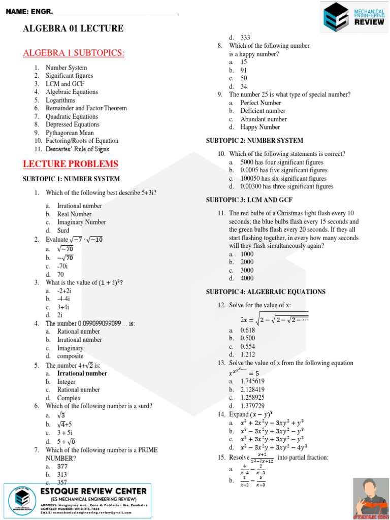 Algebra 1-Handouts | PDF | Numbers | Quadratic Equation