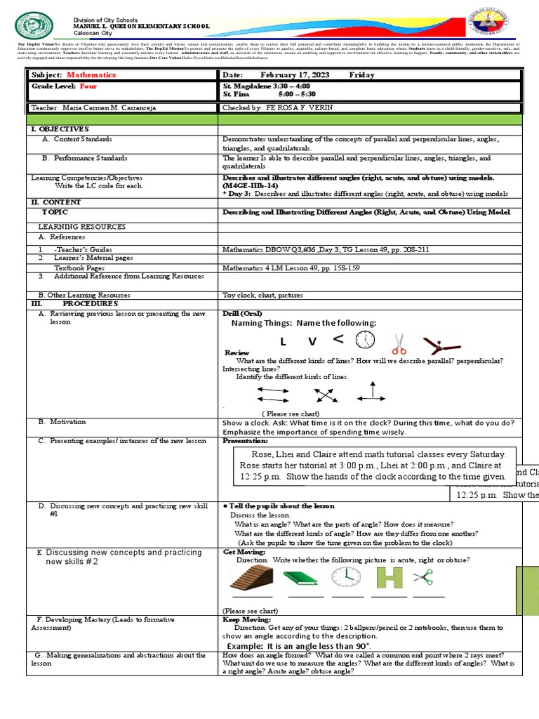 MATH DLL-Q3.-lesson-49-Angles | PDF | Learning | Angle