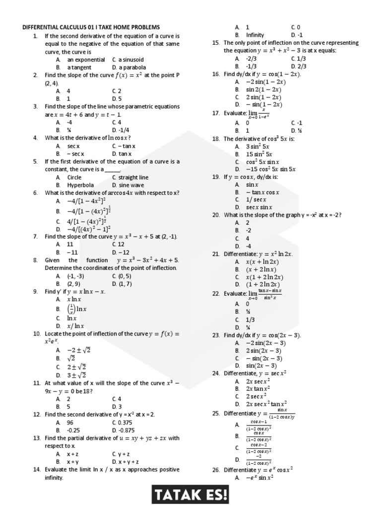 Differential Calculus Take Home Problems | PDF | Tangent | Derivative