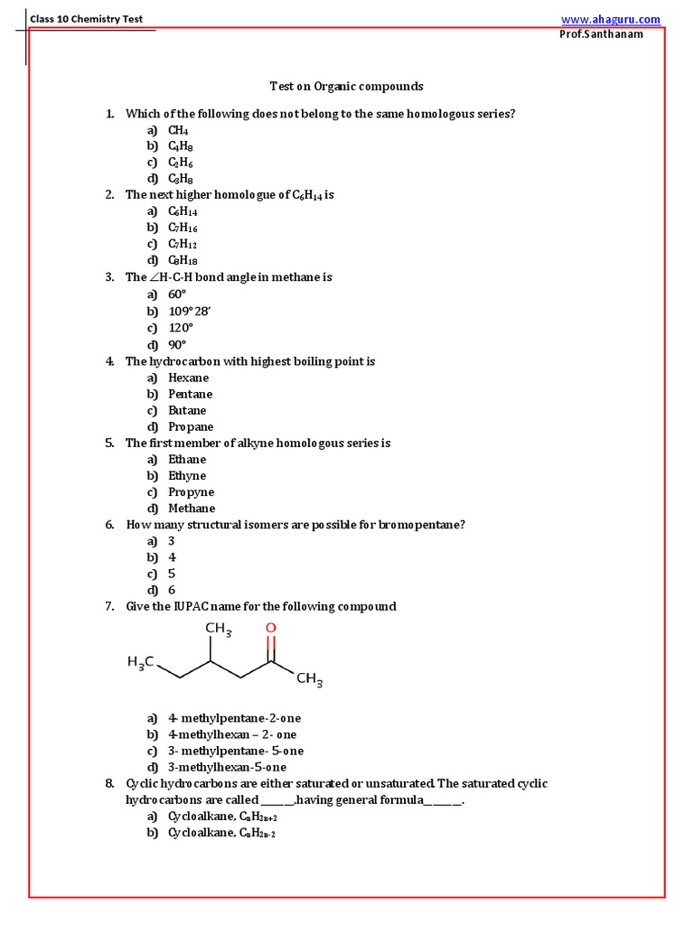 Class 10 Organic Chemistry Test | PDF | Hydrocarbons | Carbon