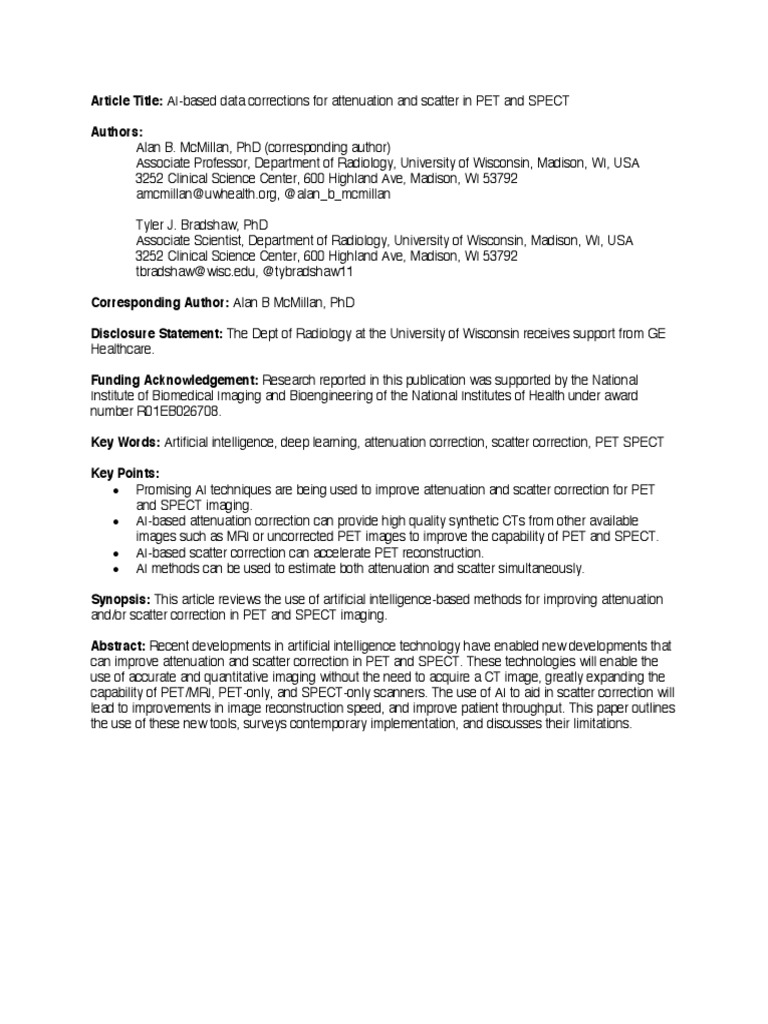AI-based Data Corrections For Attenuation and Scat | PDF | Positron Emission Tomography | Ct Scan
