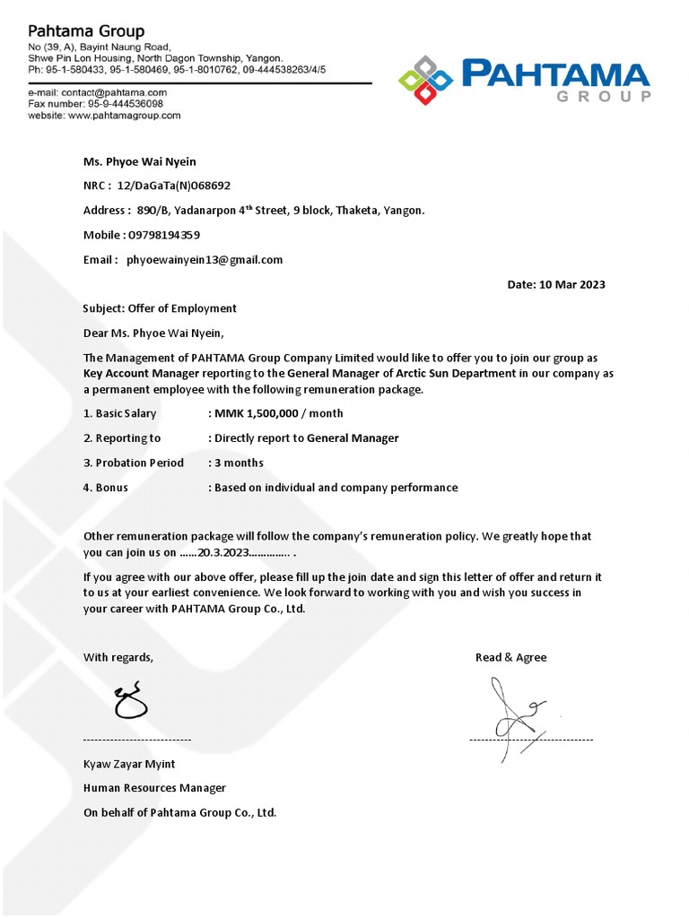 Phyoe Wai Nyein - Offer Letter With Sign PDF | PDF | Career & Growth | Business