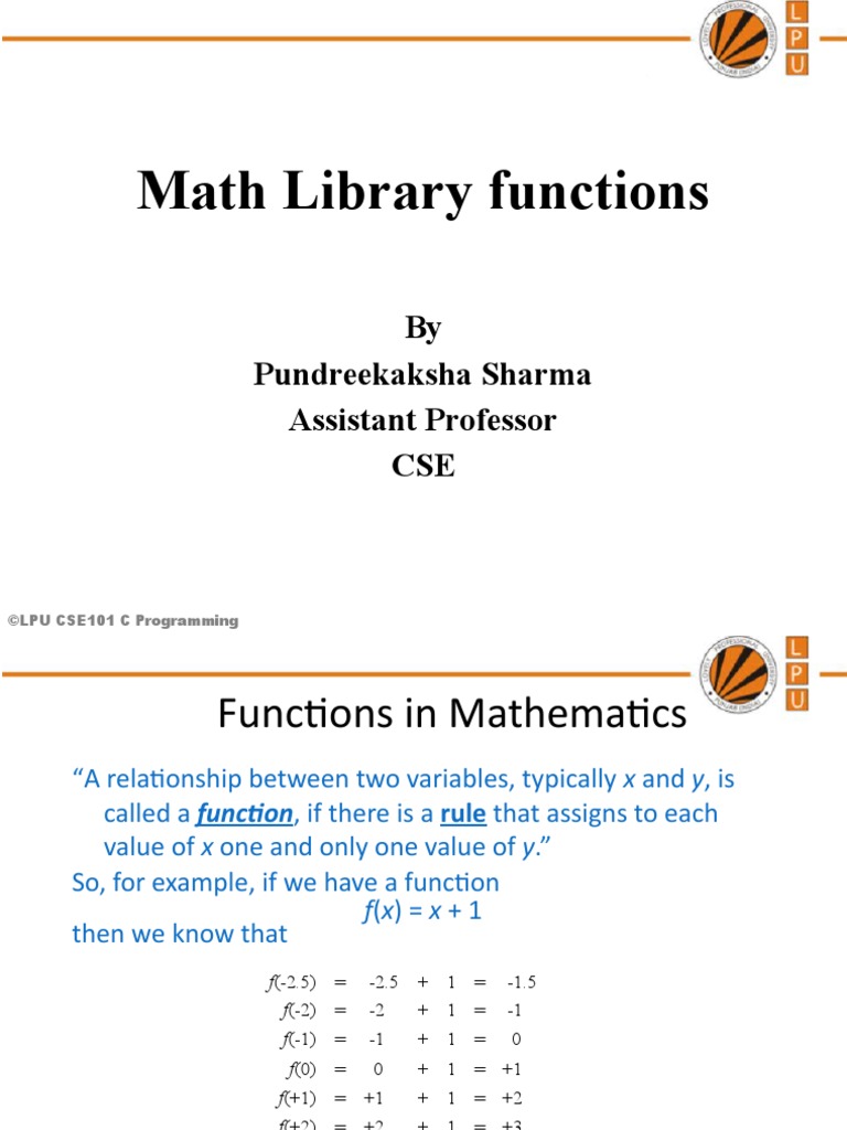 Math Library Functions: by Pundreekaksha Sharma Assistant Professor CSE | PDF | Parameter ...