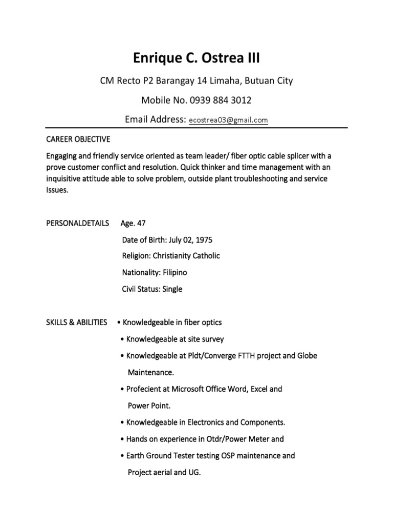 Fiber Optic Cable Splicer Resume | PDF | Optical Fiber | Fiber To The X
