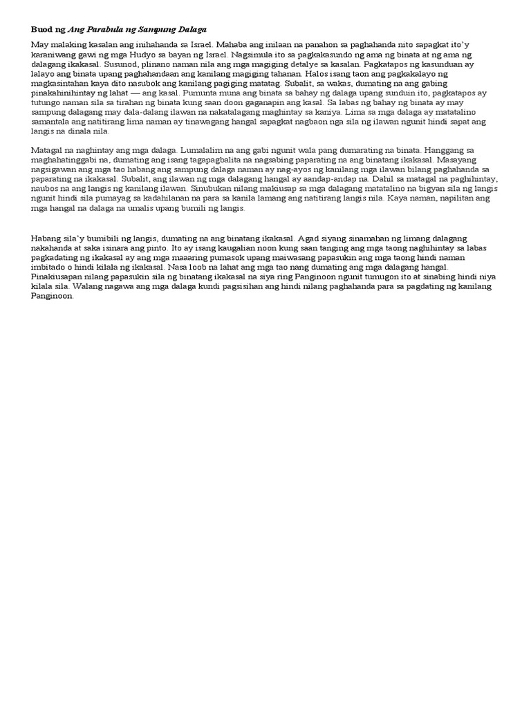 Buod ng Ang Parabula ng Sampung Dalaga | PDF