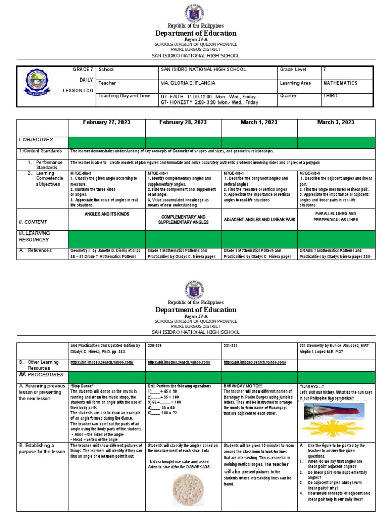 DLL Math 7 February 27-March 3, 2023 | PDF | Angle | Geometry