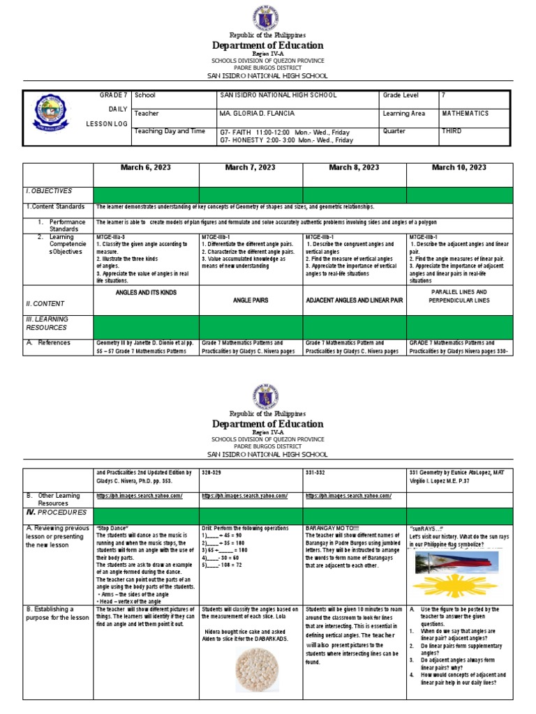 DLL Math 7 March 6-10, 2023 | PDF | Angle | Elementary Geometry