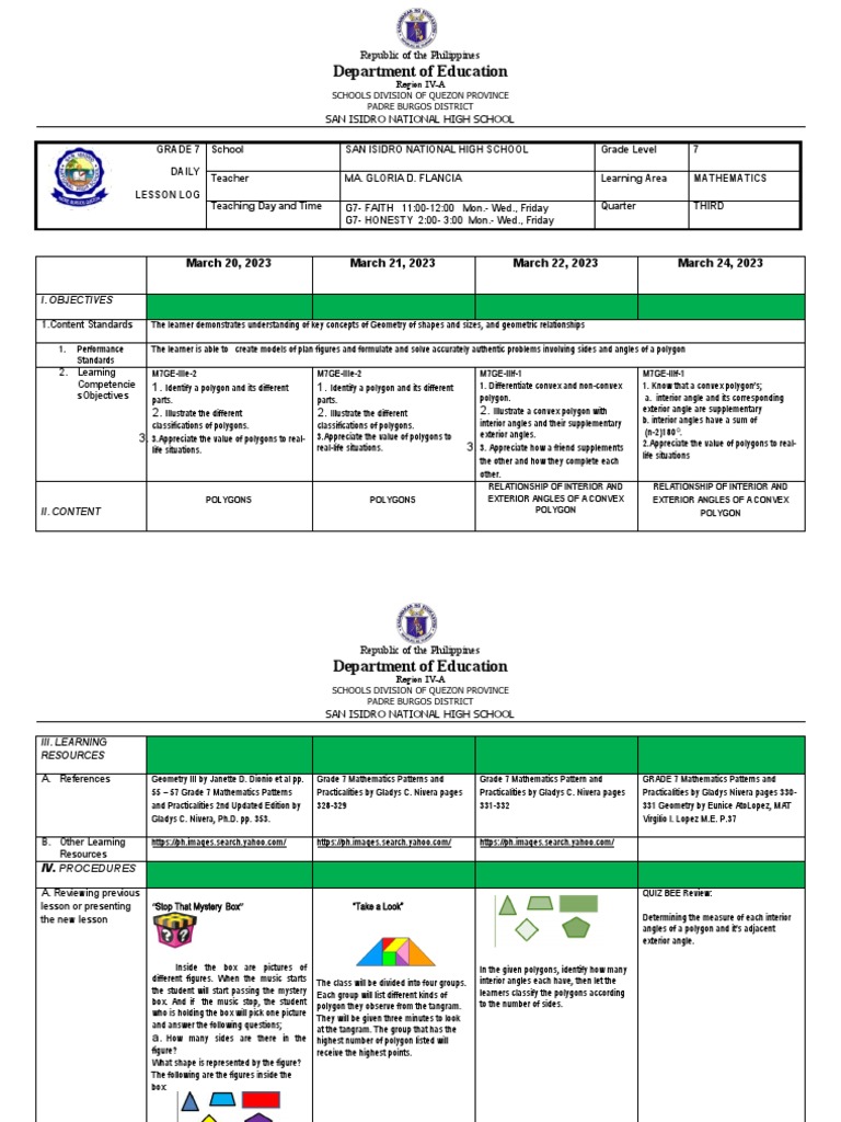 Grade 7 Mathematics Lesson Log: Exploring the Properties and ...
