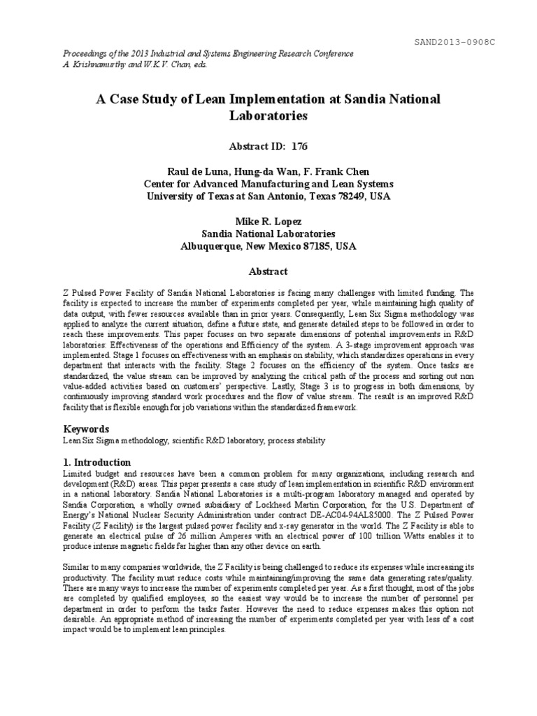 A Case Study of Lean Implementation at Sandia National Laboratories ...