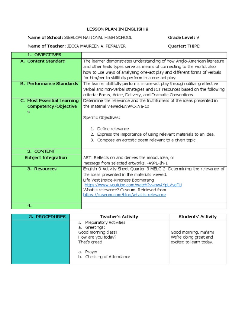 Intern Week2 Lesson Plan-Determining The Relevance of The Ideas ...