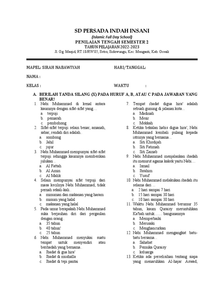 Soal PTS Sirah Nabawiyah KLS 2 SD | PDF