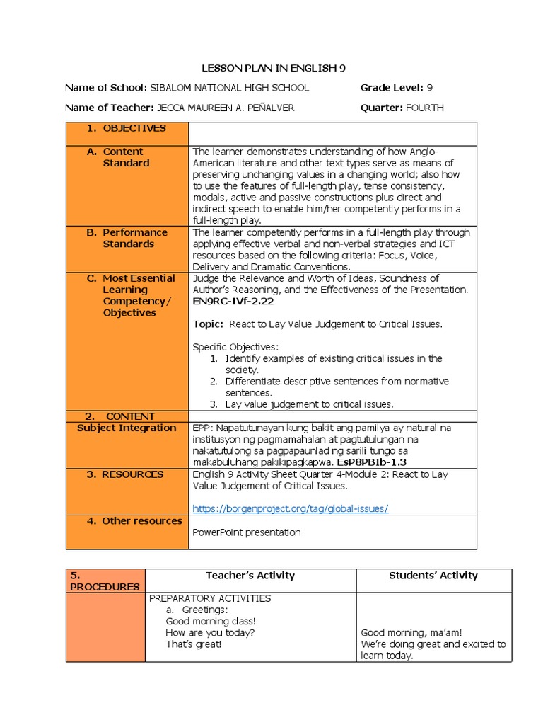 Intern Week6 Lesson Plan-React To Lay Value Judgement To Critical Issues | PDF | Learning ...
