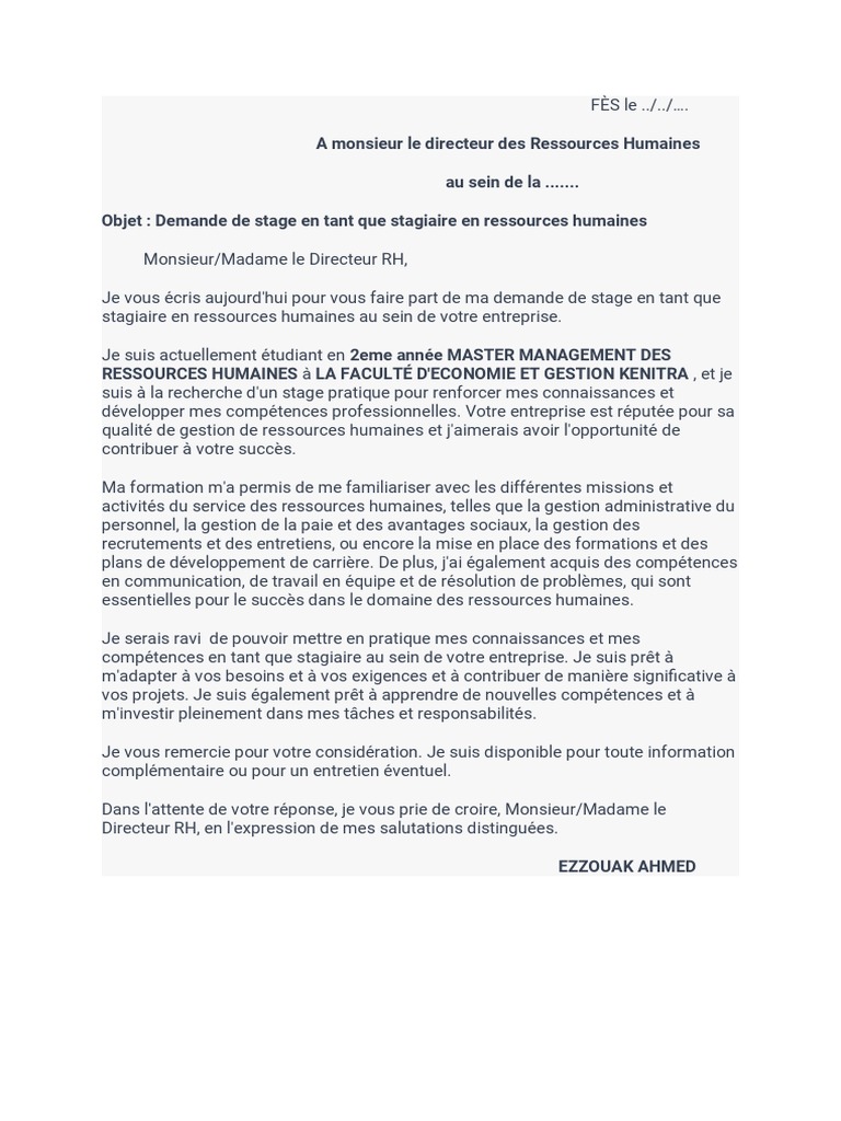 Demande de stage en ressources humaines | PDF