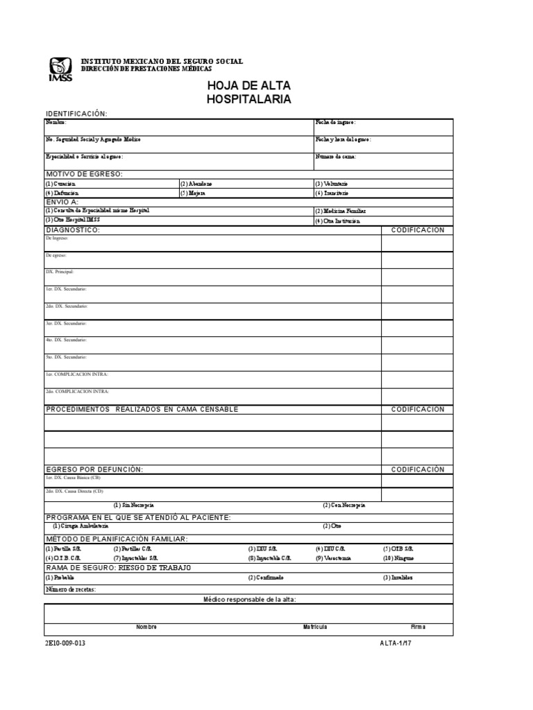 Formato de Hoja de Alta IMSS | PDF | Hospital | Ciencias de la Salud