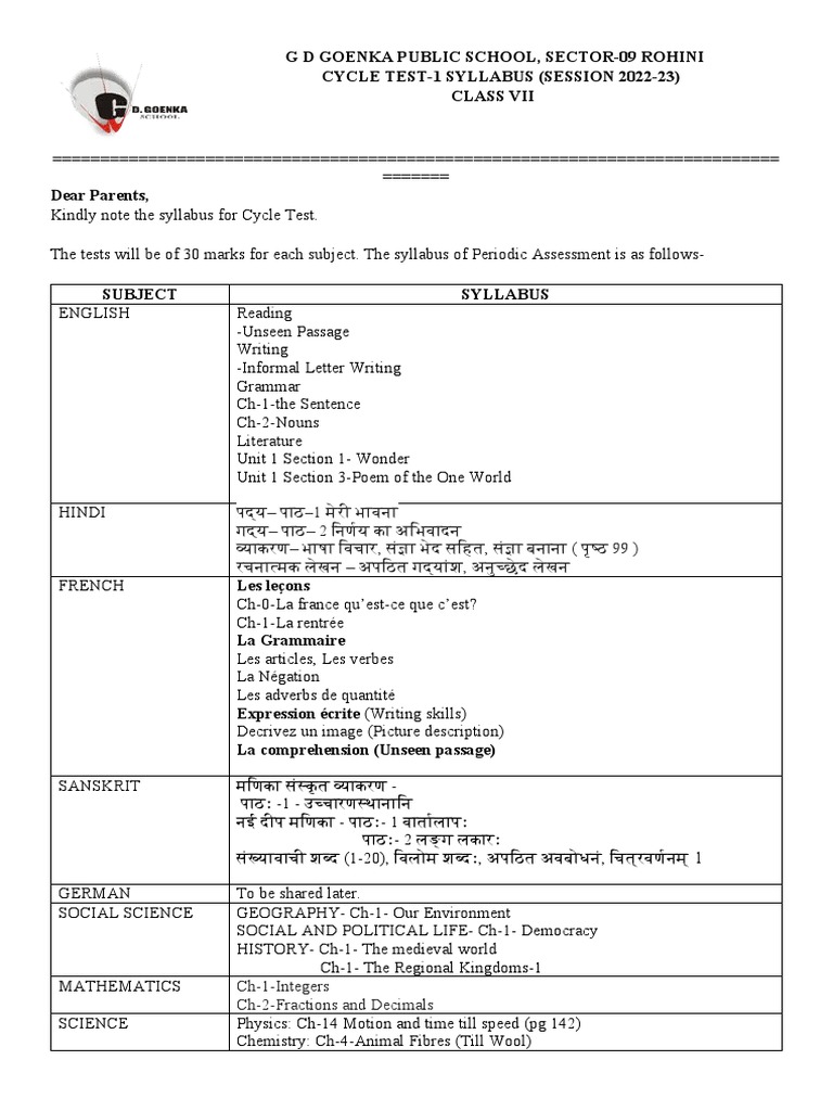 Cycle Test 1syllabusclass 7 1 | PDF