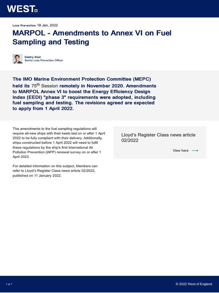 Marpol Amendments To Annex VI On Fuel Sampling and | PDF