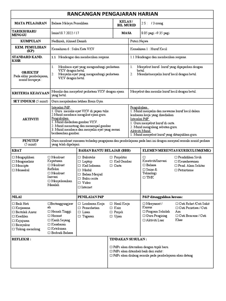 RPH Bahasa Melayu: Suku Kata VKV | PDF