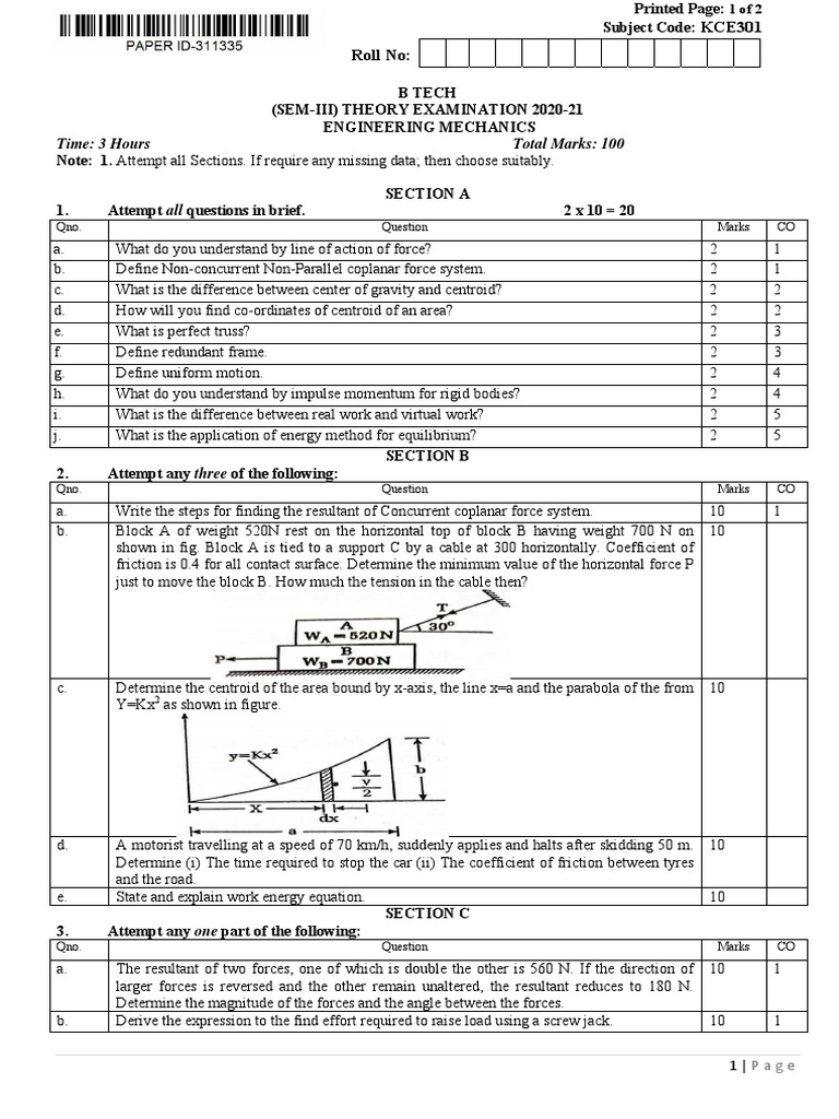 Btech Ce 3 Sem Engineering Mechanics Kce301 2021 | PDF | Force ... Btech Ce 3 Sem Engineering Mechanics Kce301 2021 | PDF | Force ...