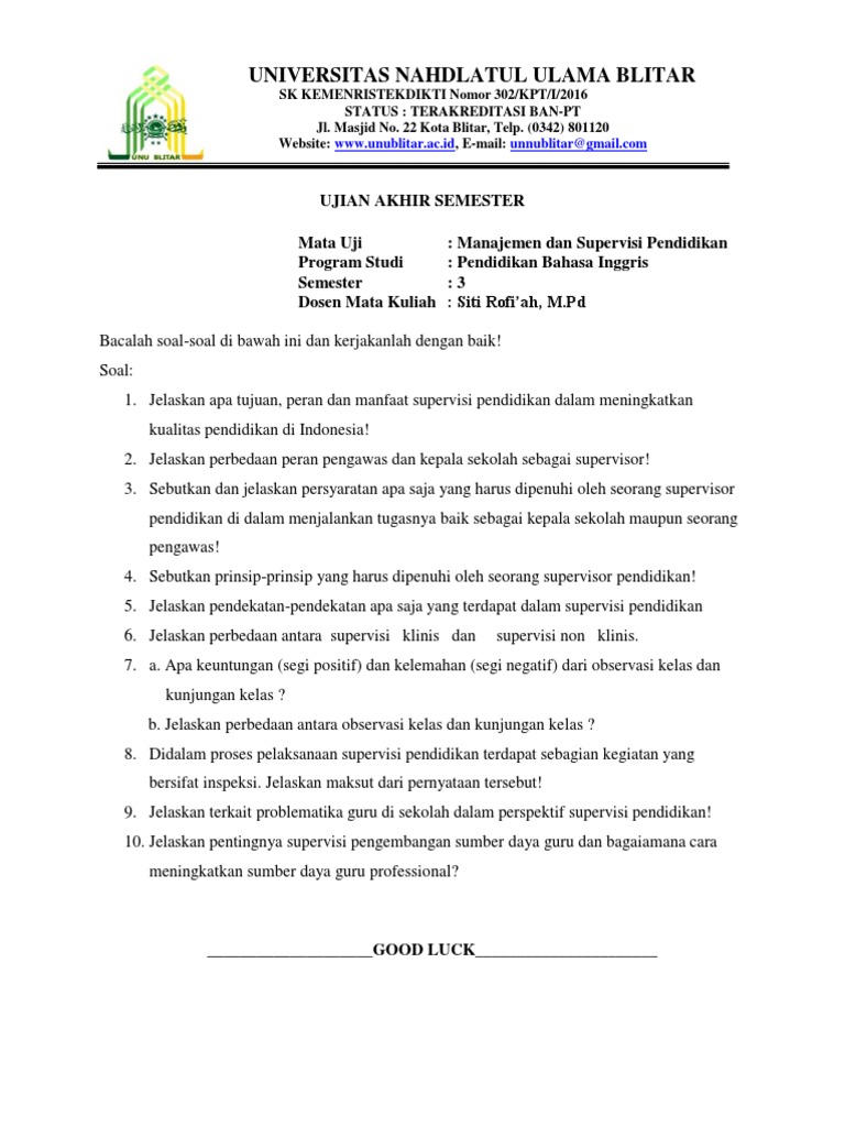 UAS Manajemen Dan Supervisi Pendidikan. | PDF